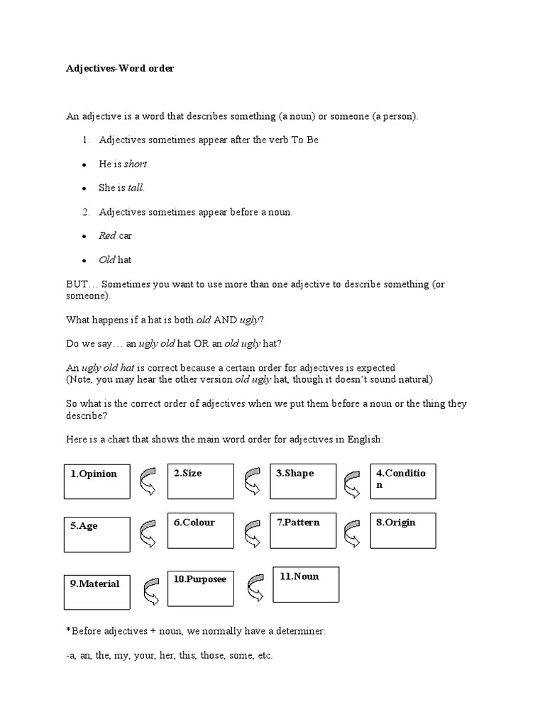 Adjectives-Word Order: Red Car Old Hat | PDF | Adjective | Noun