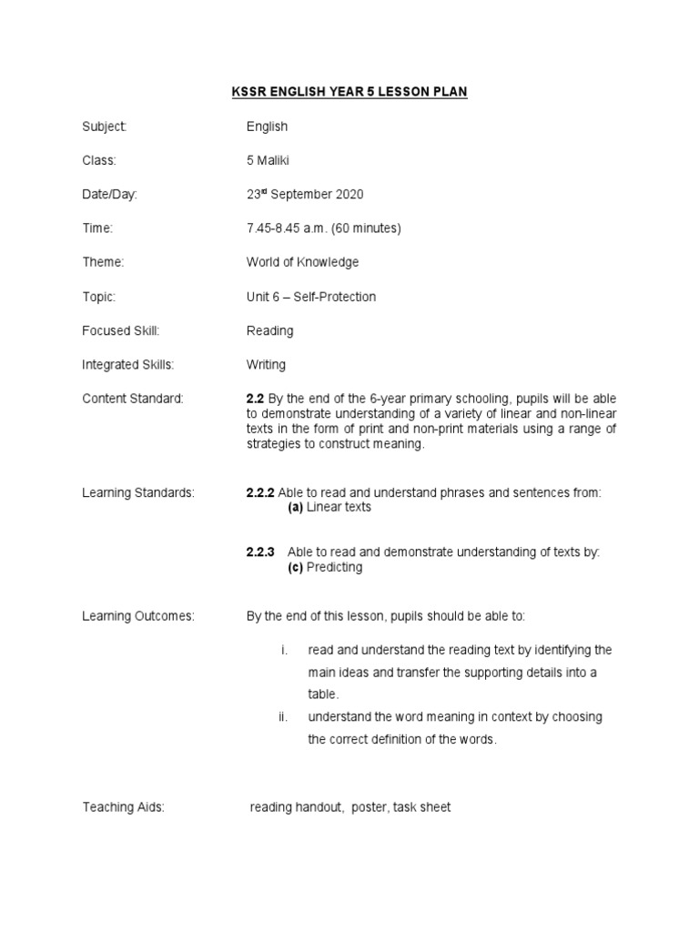 English KSSR Year 5 Unit 6 Lesson Plan | PDF | Teachers | English Language