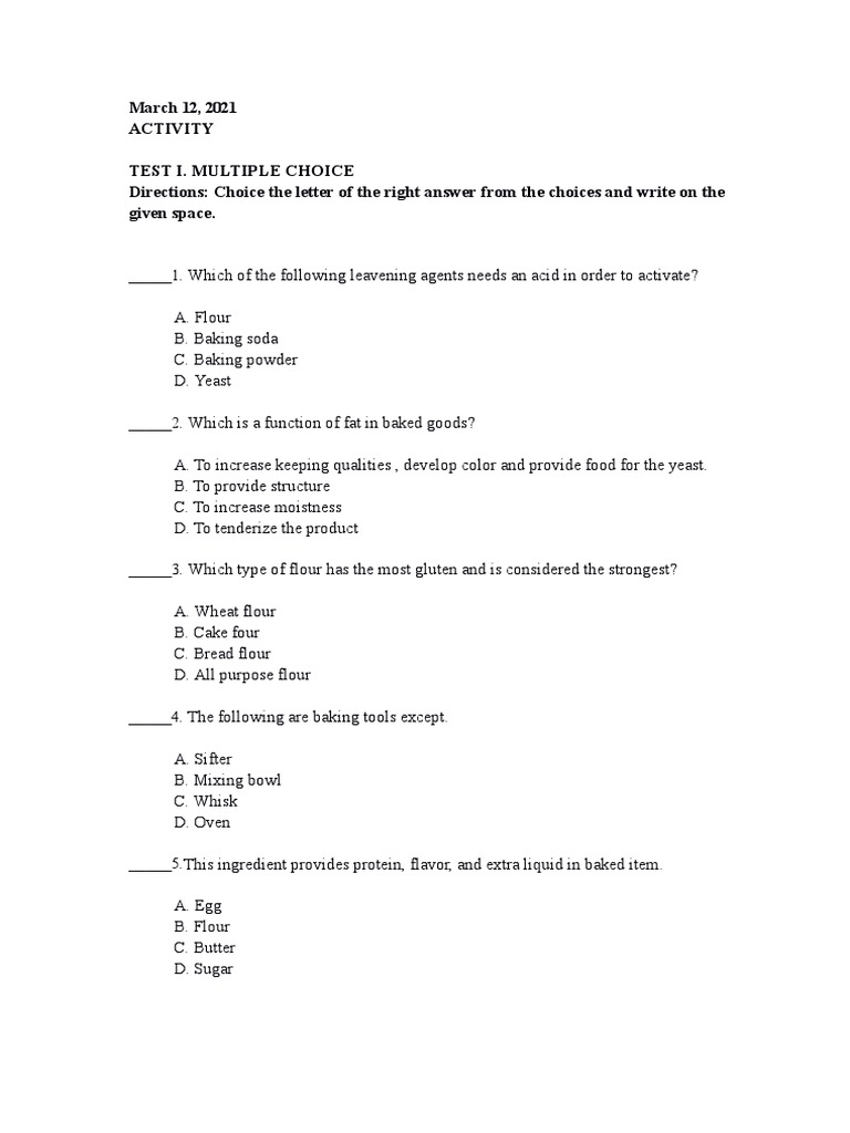 March 12, 2021 Activity Test I. Multiple Choice Directions: Choice The ...