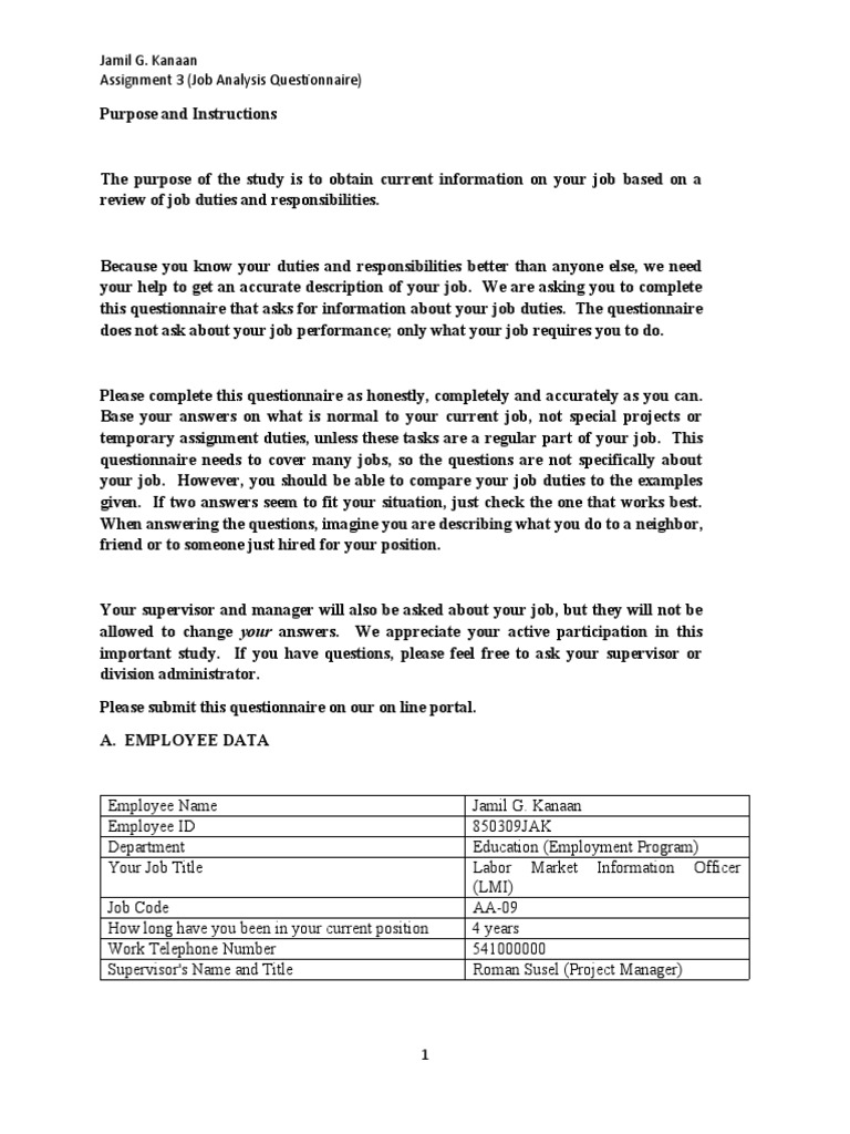 Job Analysis Questionnaire | PDF | Academic Degree | Employment