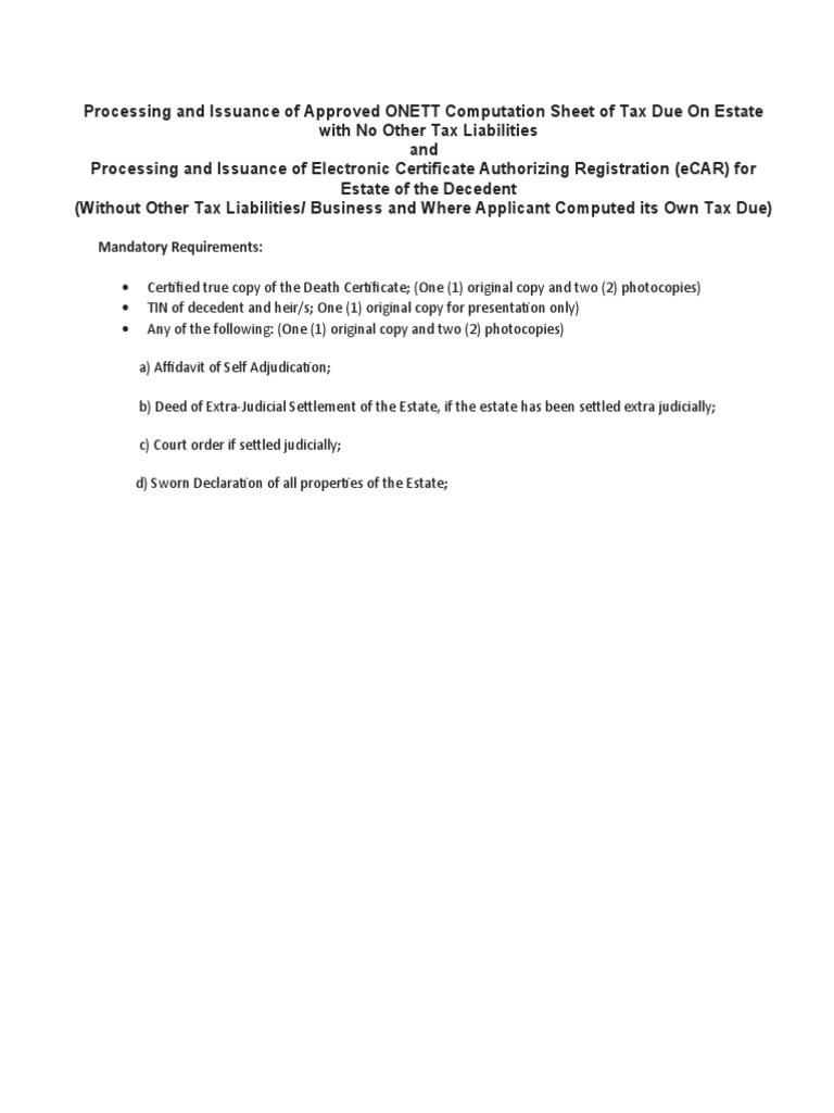 Processing and Issuance of Approved ONETT Computation Sheet of Tax Due ...