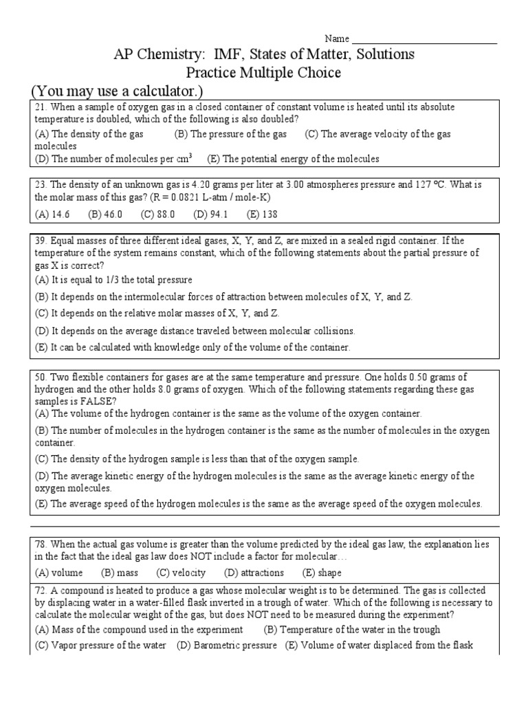 AP Chemistry Practice Quiz | PDF | Gases | Thermodynamics
