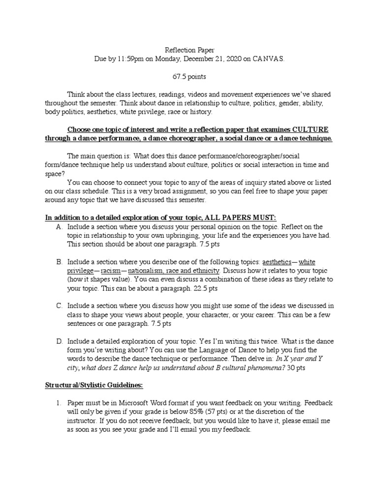 Intro To Dance UMN Guidelines For Reflection Paper | PDF | Dances | Thesis
