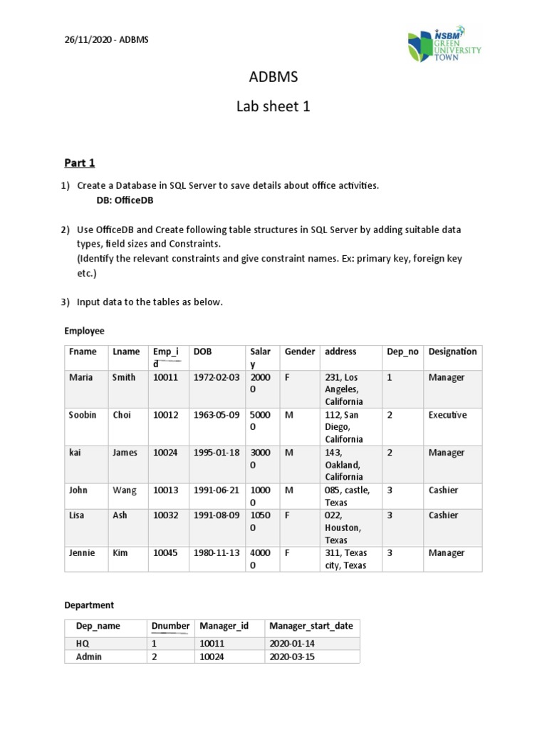 Adbms - Lab Sheet 1 | PDF | Information Science | Databases