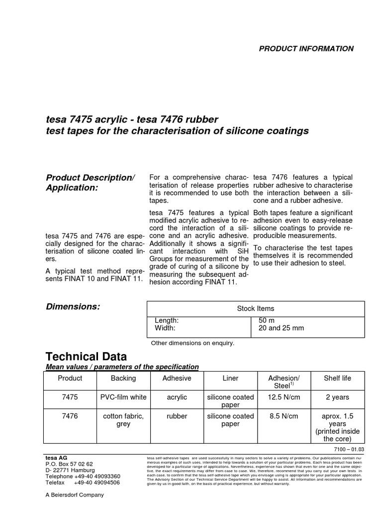 Tesa 7475 Acrylic - Tesa 7476 Rubber Test Tapes For The ...
