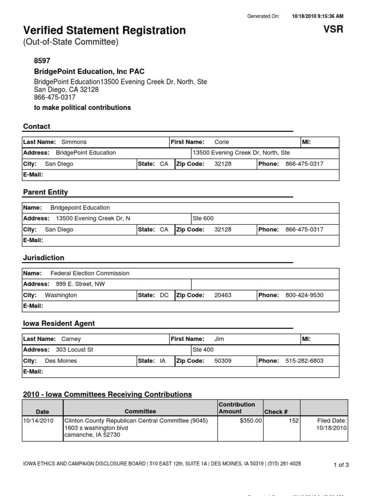 Bridgepoint Education Political Contributions | PDF | Iowa | Zip Code
