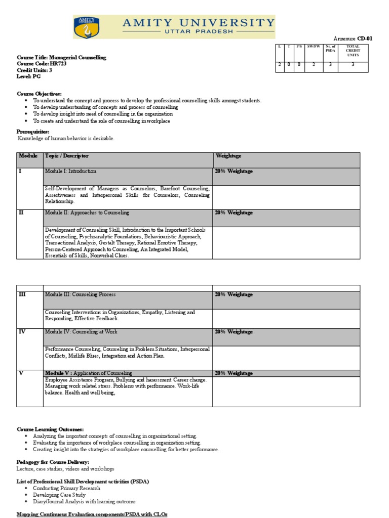 Course Title: Managerial Counselling Course Code: HR723 Credit Units: 3 ...