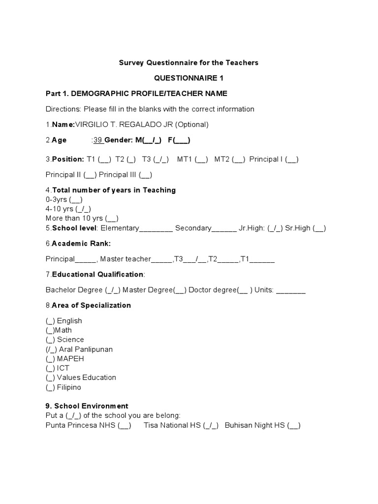 Survey Questionnaire For The Teachers Questionnaire 1 Part 1 ...