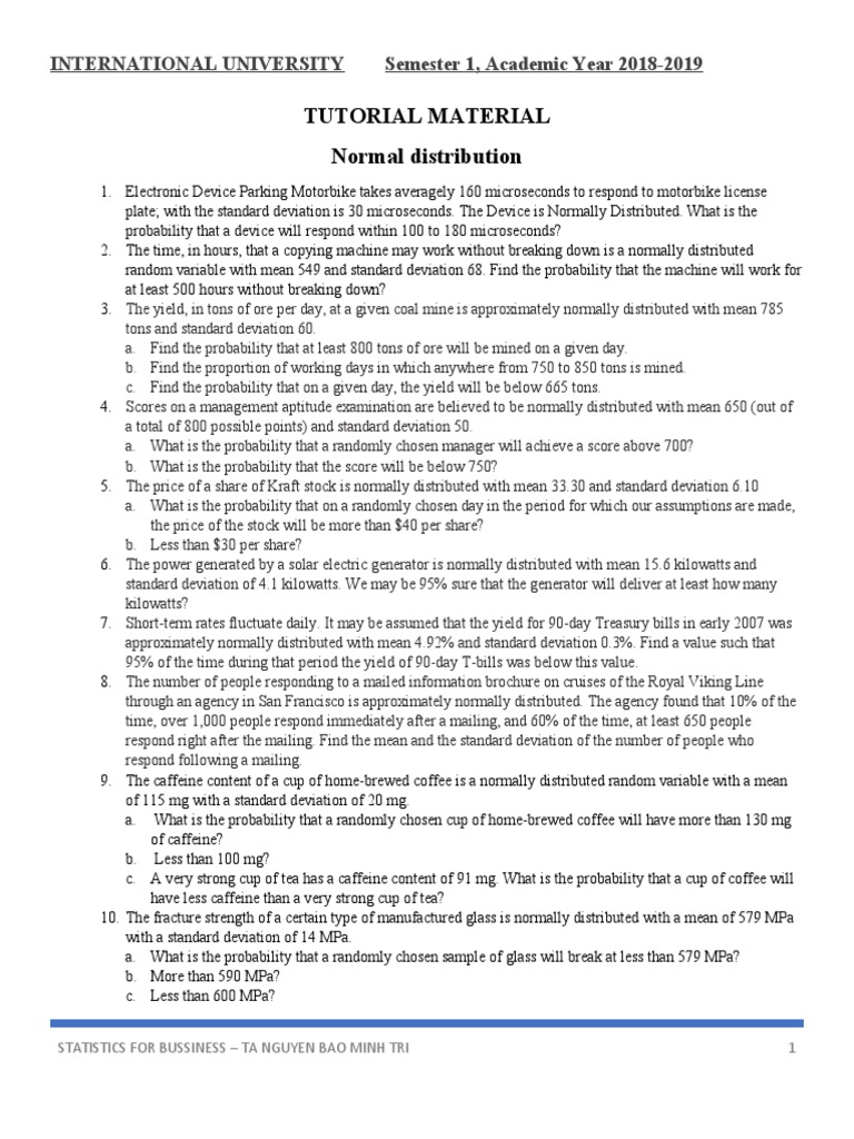 Solving Problems Involving the Normal Distribution: Tutorial Material on Key Concepts and ...