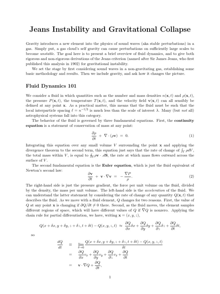 Jeans Instability and Gravitational Collapse: Fluid Dynamics 101 | PDF ...