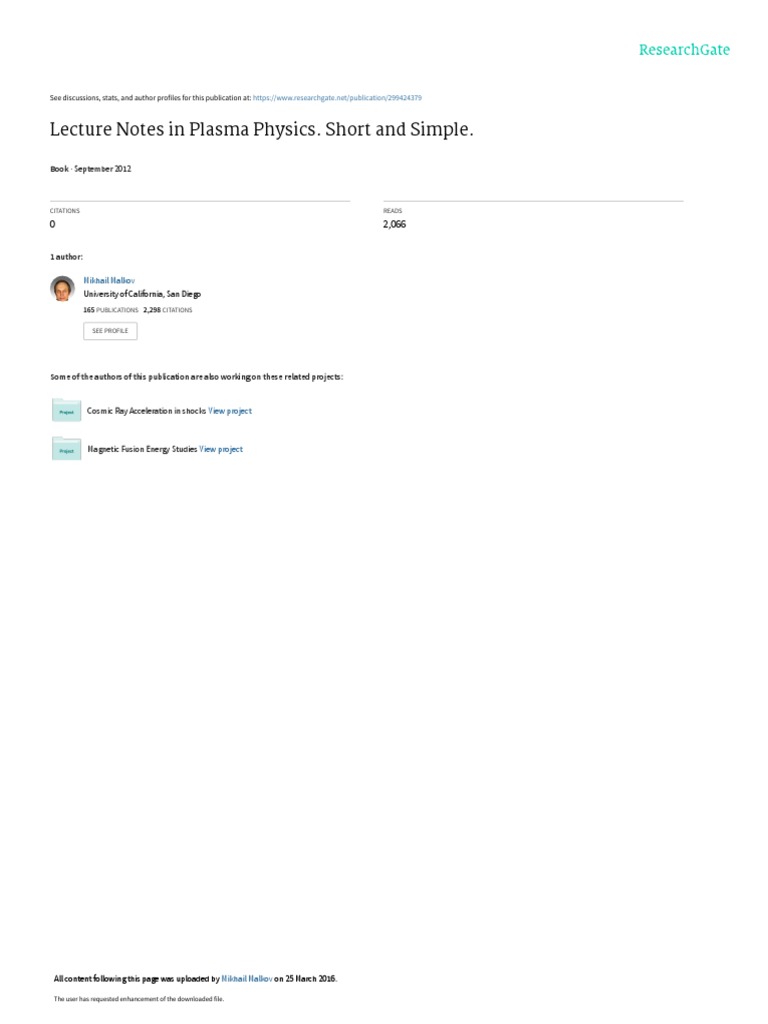 Lecture Notes in Plasma Physics. Short and Simple.: September 2012 ...