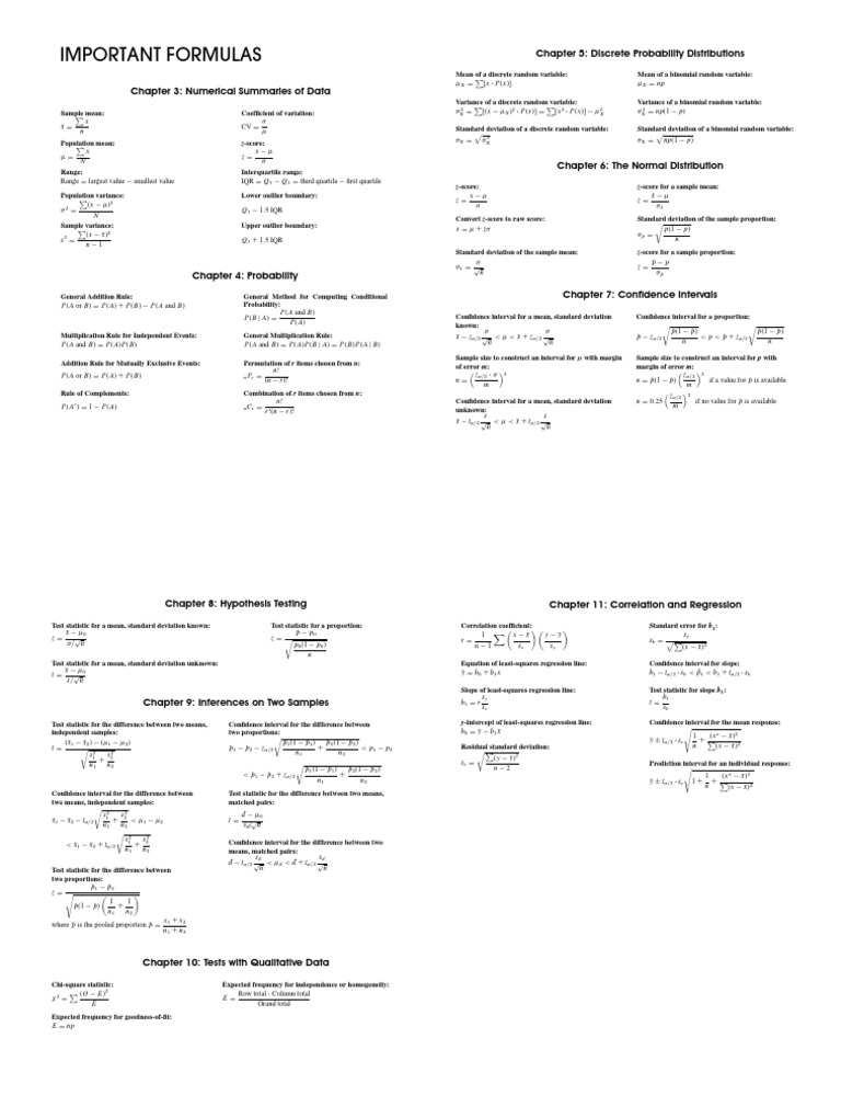 Important Formulas: Chapter 5: Discrete Probability Distributions | PDF ...