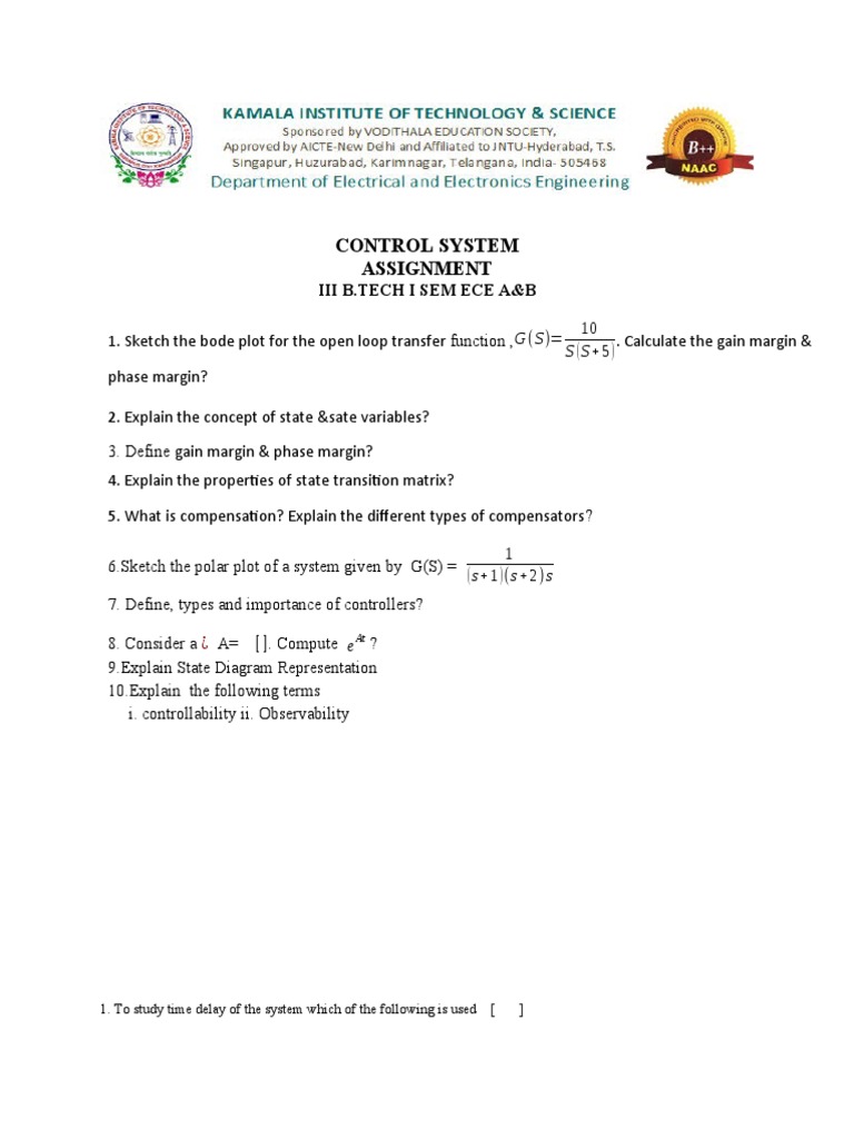 CONTROL SYSTEM Assignment and Objective Bits | PDF | Control Theory ...