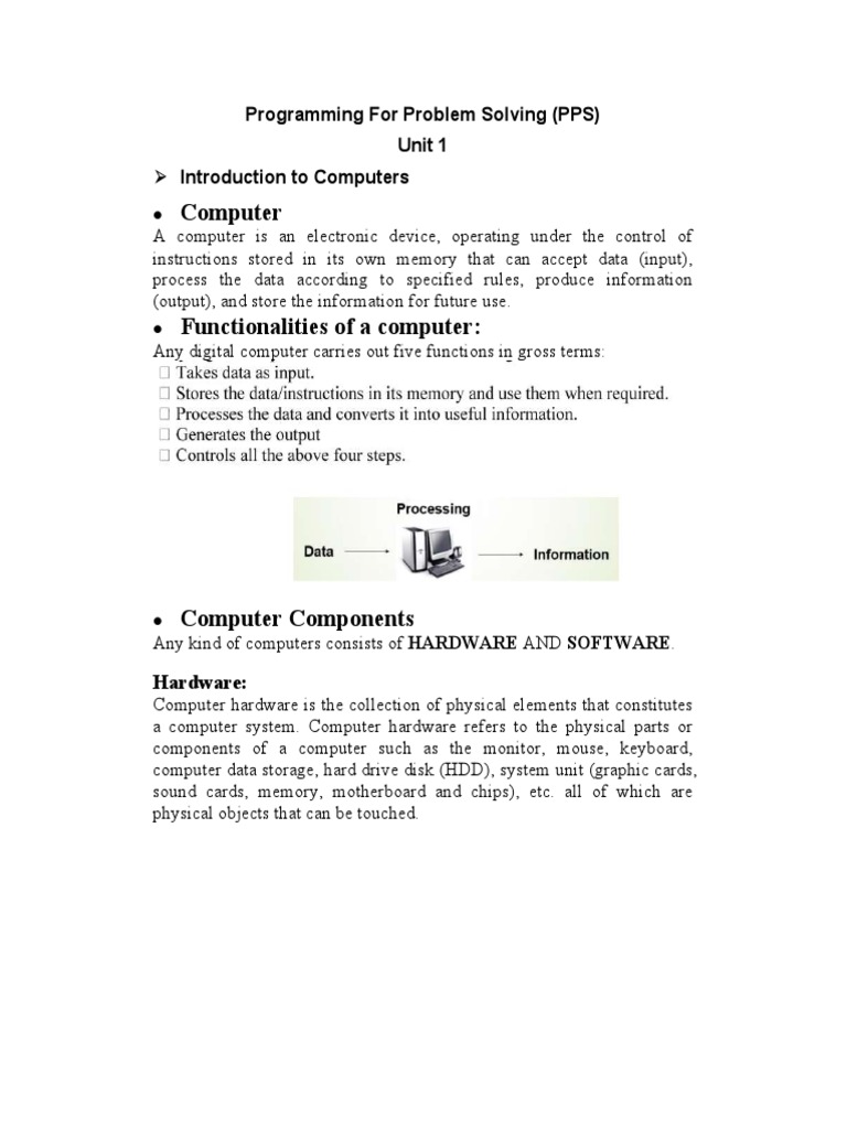 Pps Unit 1 First Half Notes Pdf Object Oriented Programming Computer Data Storage
