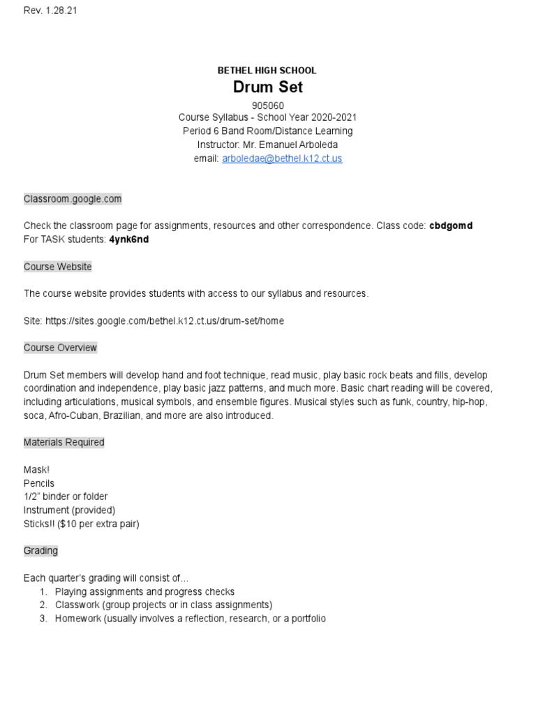 Drum Set Course Syllabus 2019-2020 | PDF | Drum Kit | Rhythm And Meter