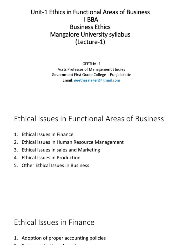 Unit-1 Ethics in Functional Areas of Business I Bba Business Ethics ...
