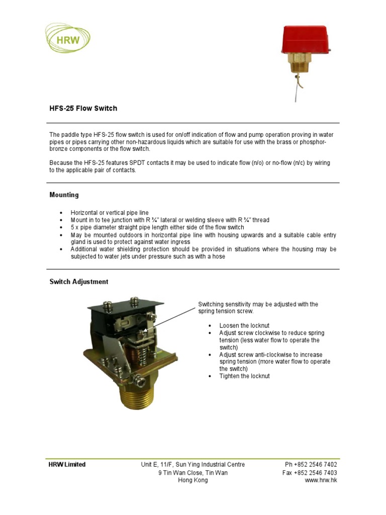 HFS-25 Flow Switch: Mounting | PDF | Pipe (Fluid Conveyance) | Switch