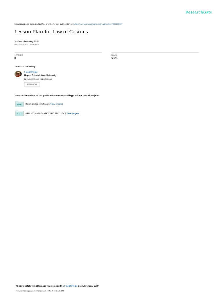 Lesson Plan For Law of Cosines: February 2019 | PDF