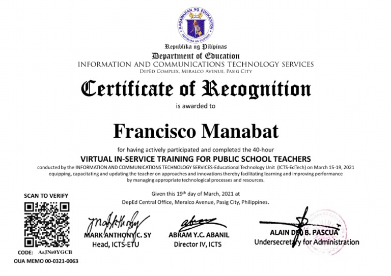 Virtual INSET Certificate of Recognition | PDF