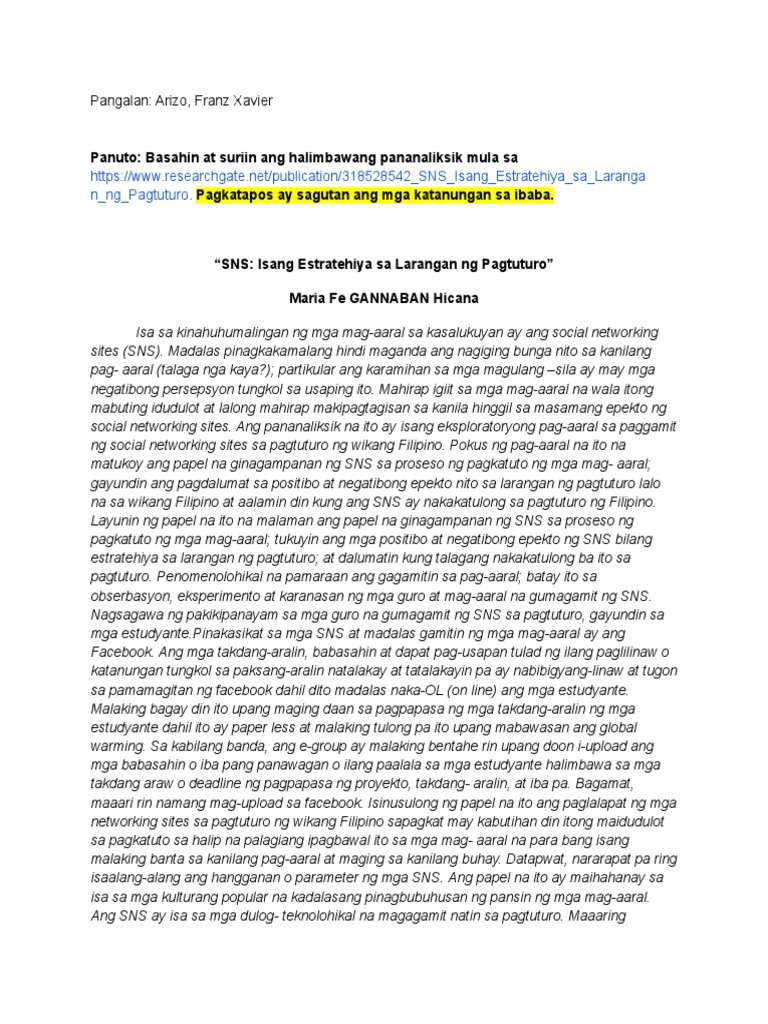 Written Work 2 - Pagsusuri NG Isang Pananaliksik | PDF