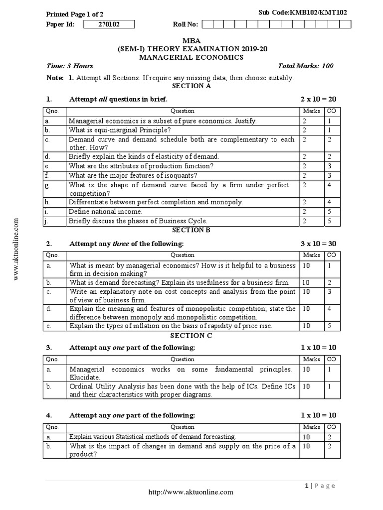 MBA Managerial Economics Exam Paper | PDF | Monopoly | Demand