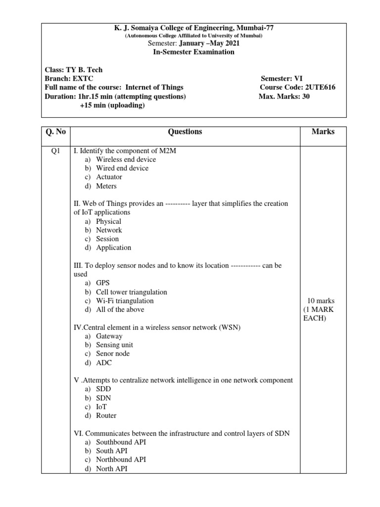 IoT In-Semester Exam Questions 2021 | PDF | Internet Of Things ...
