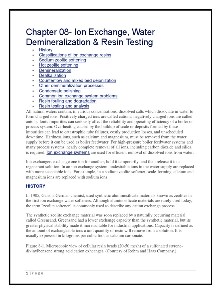Chapter 08 - Ion Exchange, Water Demineralization & Resin Testing | PDF ...