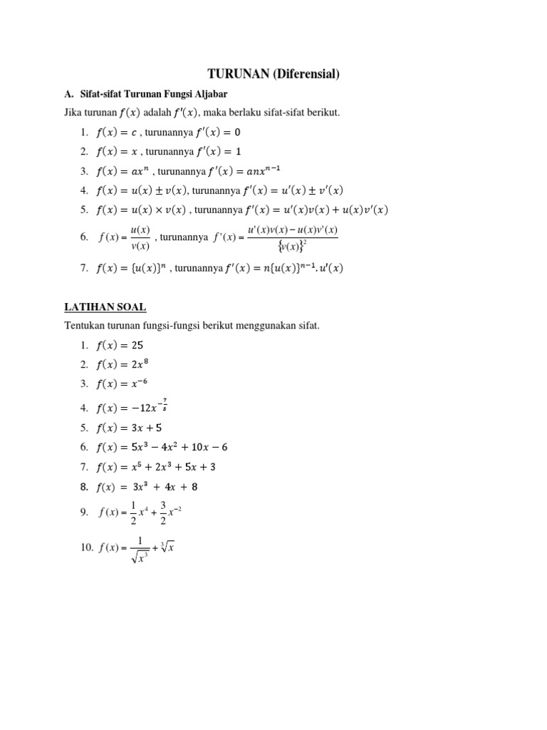 Turunan Fungsi Aljabar (Sifat 1-4) | PDF