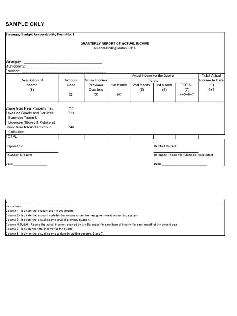 Sample Only: Barangay Budget Accountability Form No. 1 Quarterly Report ...