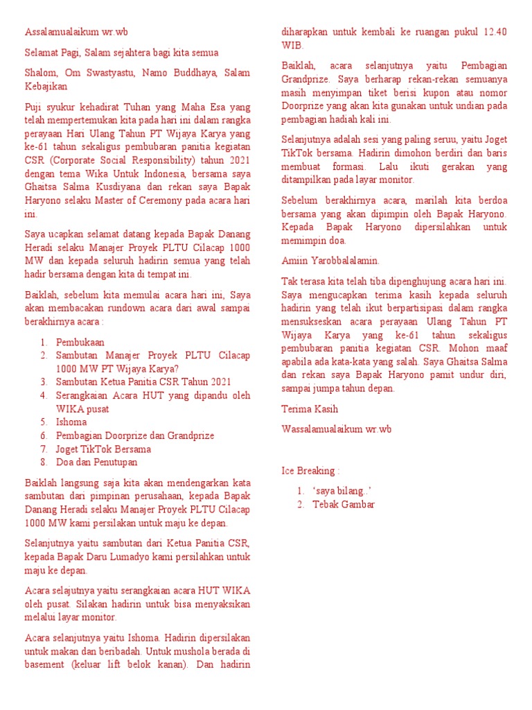 Contoh Teks MC Hut Perusahaan | PDF