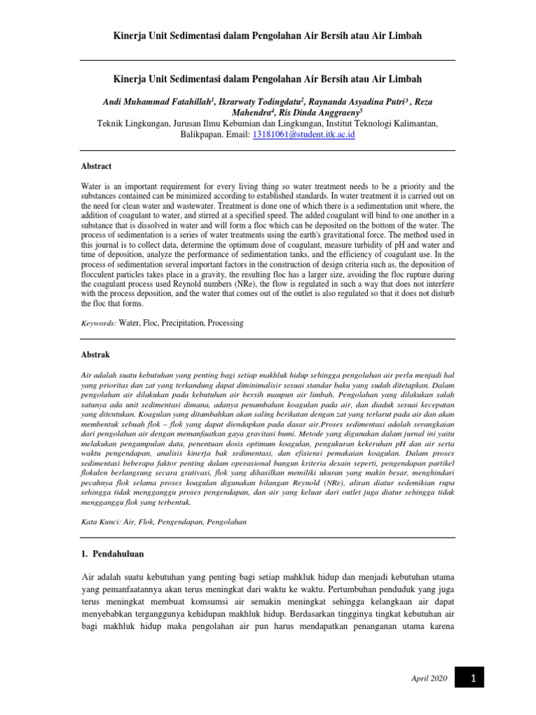 KELOMPOK 1 - Unit Operasi A - Kinerja Unit Sedimentasi Pada Pengolahan ...