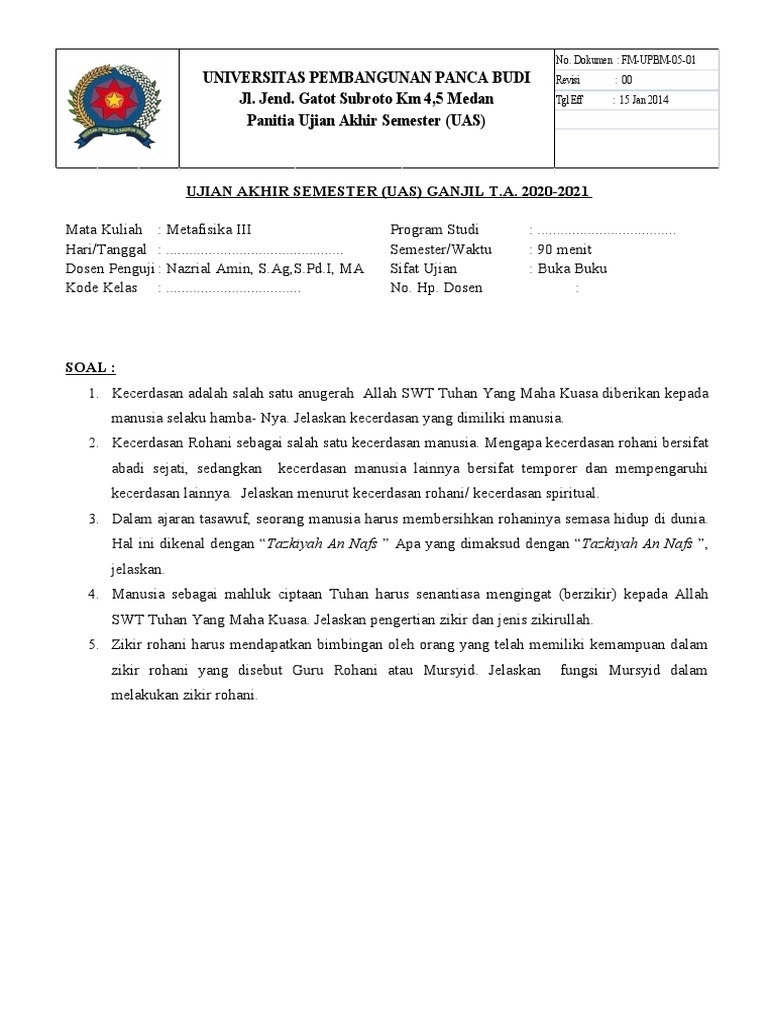 Soal Uas Metafisika III 2021 | PDF | Karier & Perkembangan