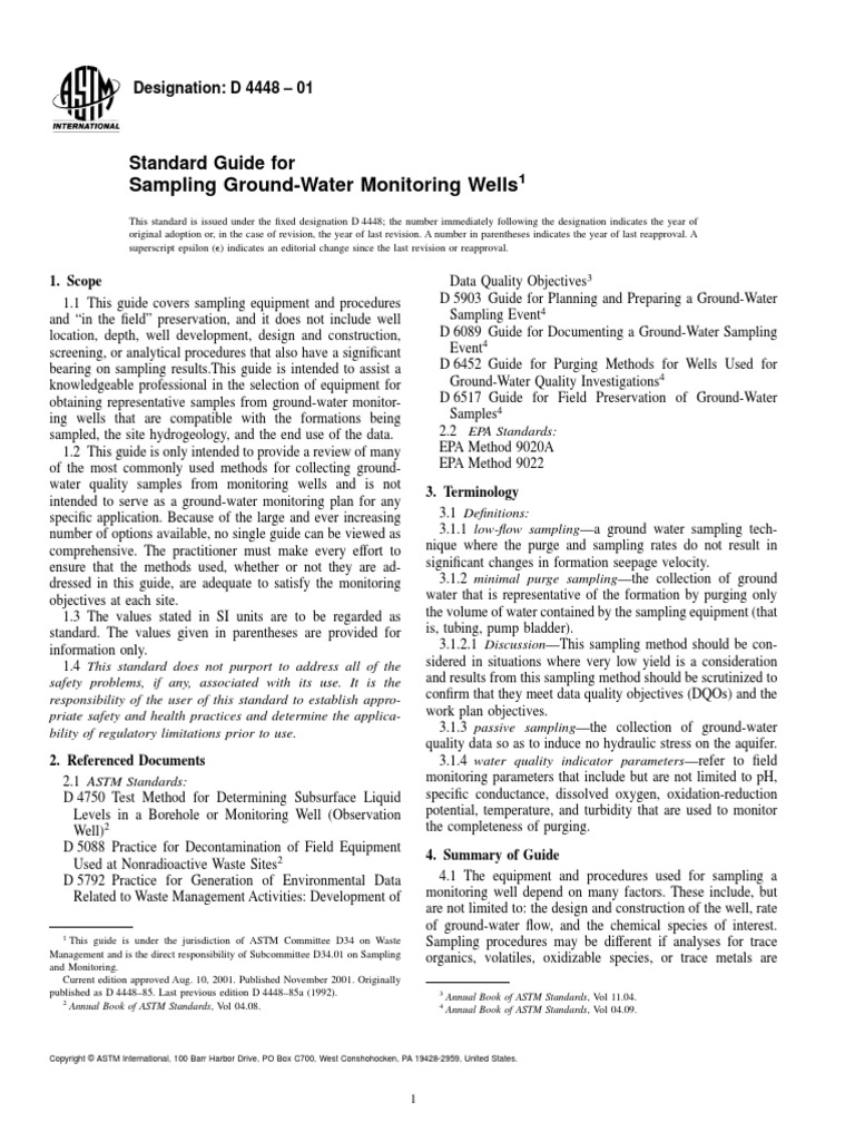 Sampling Ground-Water Monitoring Wells: Standard Guide For | PDF