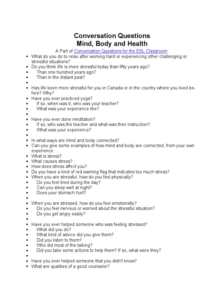 Mental Health Discussion Questions | PDF | Mind | Stress (Biology)
