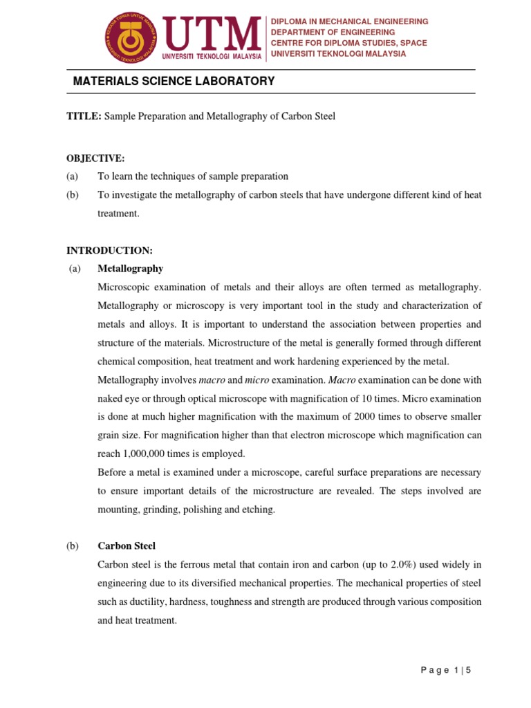 Materials Science Laboratory: TITLE: Sample Preparation and ...
