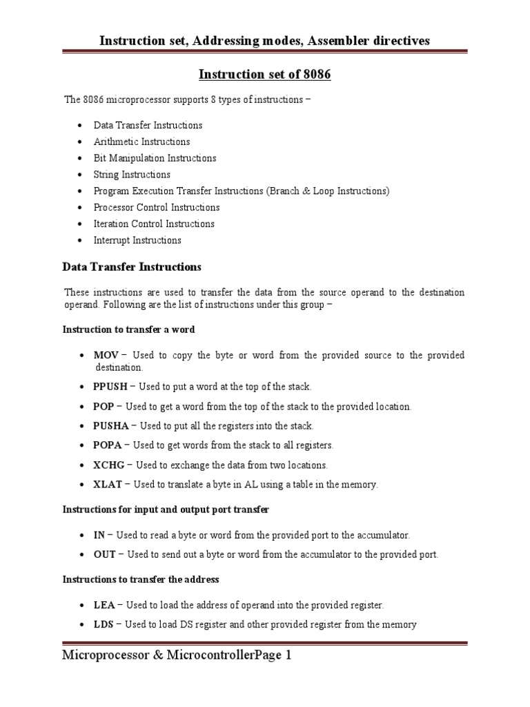 Instruction Set, Addressing Modes, Assembler Directives | PDF | Assembly Language | Subroutine