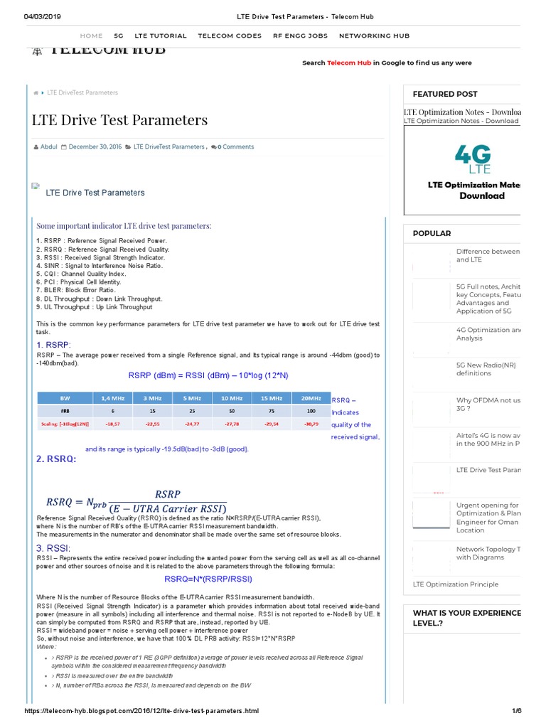 LTE Drive Test Parameters - Telecom Hub | PDF | Bit Rate | Mimo