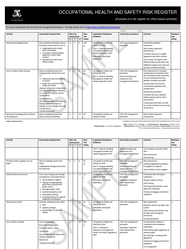 Occupational Health and Safety Risk Register: (Example of A Risk ...