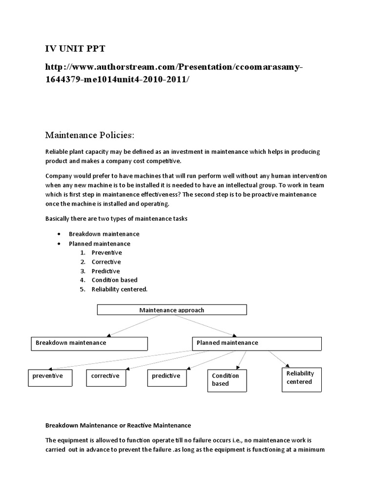 Iv Unit PPT 1644379-Me1014unit4-2010-2011/: Maintenance Policies | PDF | Lubricant | Reliability ...