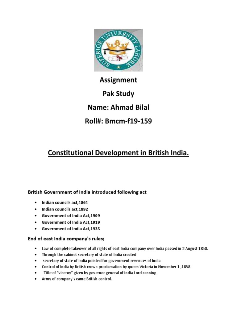 Assignment Pak Studies | PDF | British Raj | Government Of India