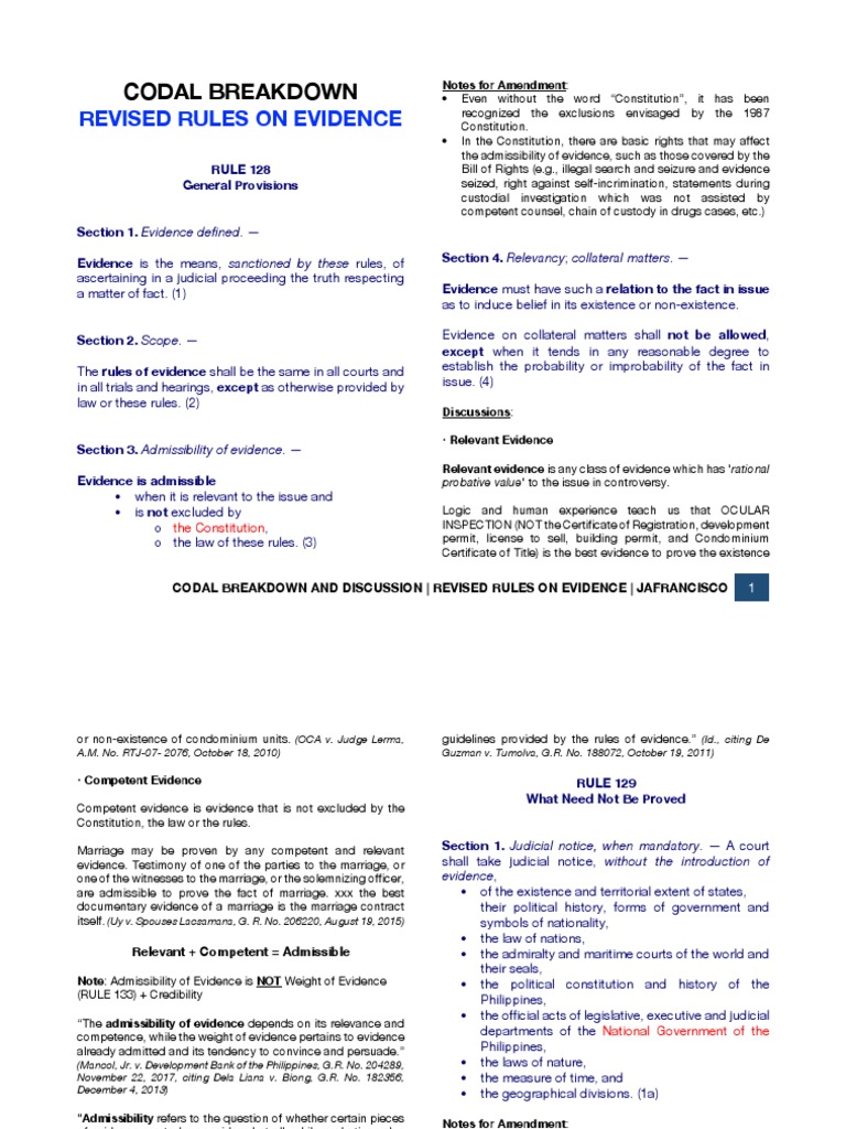 Codal Breakdown Revised Rules On Evidence 2 | PDF | Evidence ...