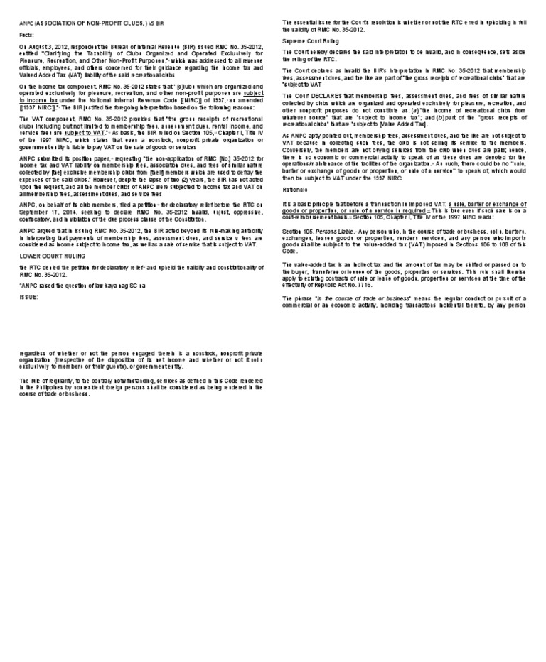ANPC Vs BIR | PDF | Value Added Tax | Lease