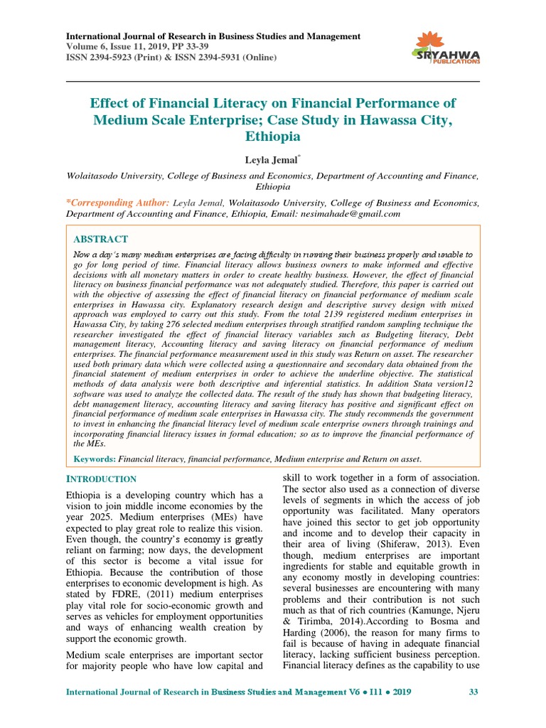Jemal L - 2019 - Effect of Financial Literacy On Financial Performance of Medium Scale ...