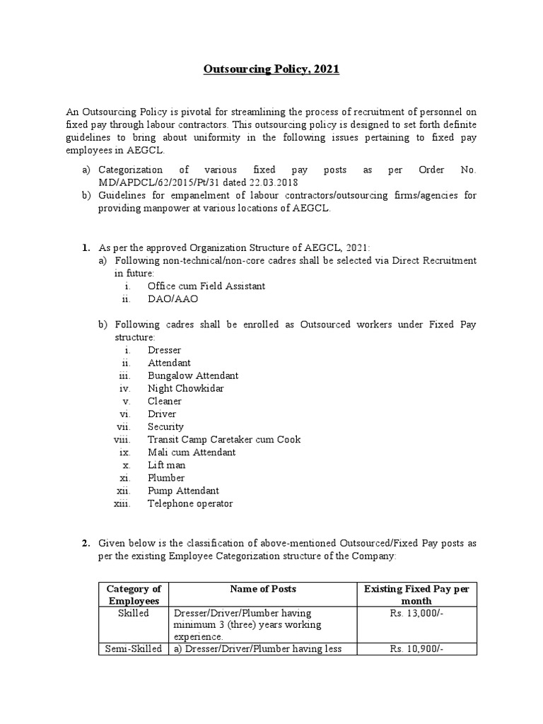 Outsourcing Policy, 2021: 1. As Per The Approved Organization Structure ...