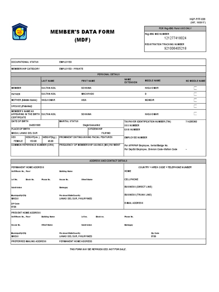 Member'S Data Form (MDF) : HQP-PFF-039 | Download Free PDF | Government ...