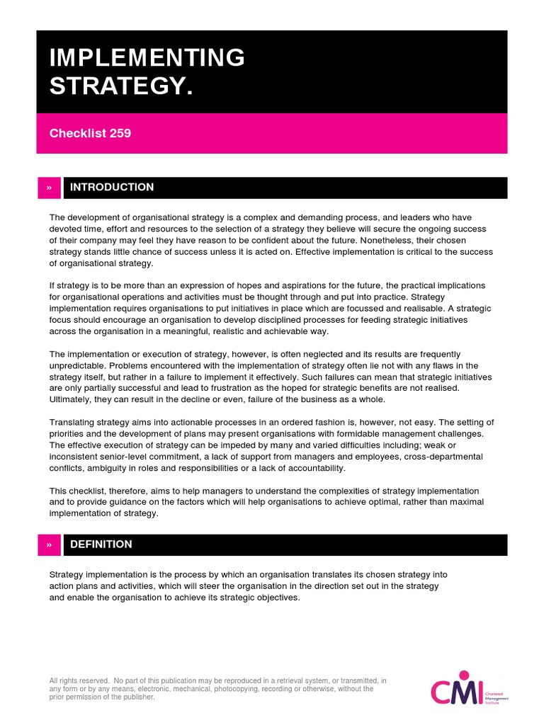 Implementing Strategy.: Checklist 259 | Download Free PDF | Strategic ...