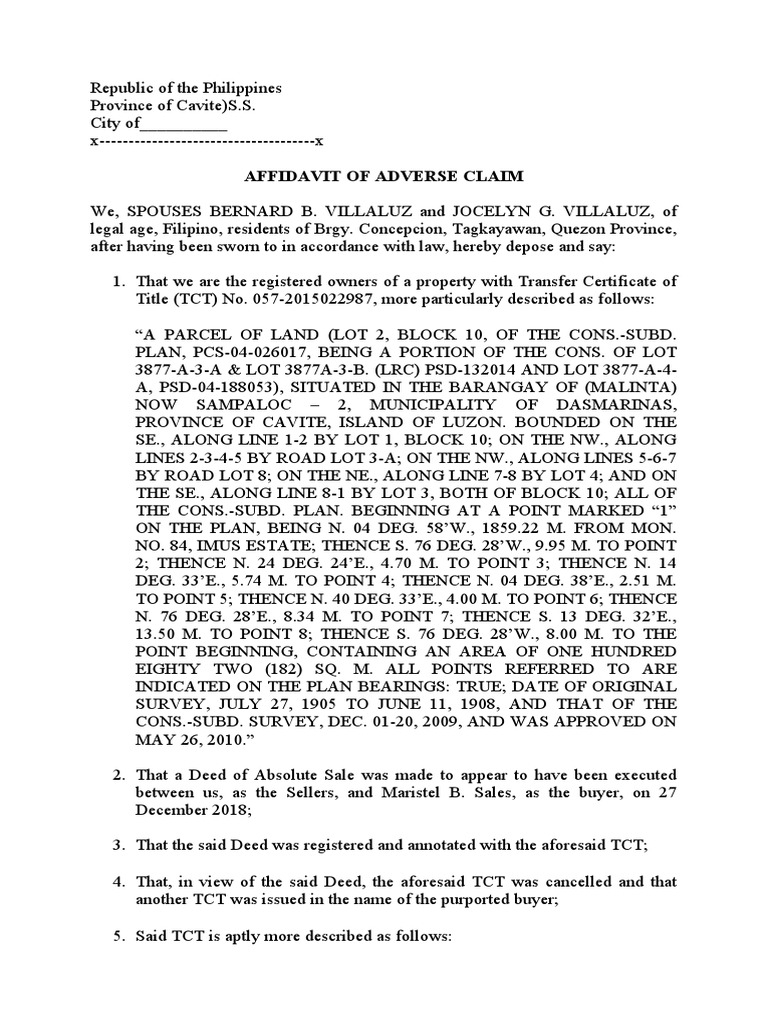 Sample Adverse Claim | PDF | Affidavit | Property Law