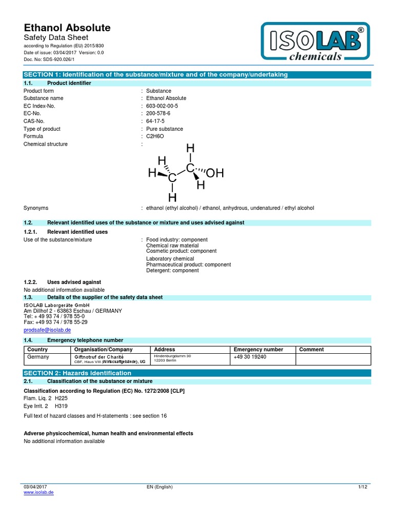 Absolute Ethanol Safety Data Sheet | PDF | Firefighting | Solubility