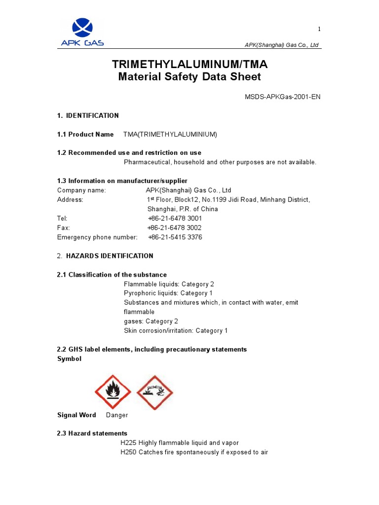Trimethylaluminum/Tma Material Safety Data Sheet: APK (Shanghai) Gas Co ...