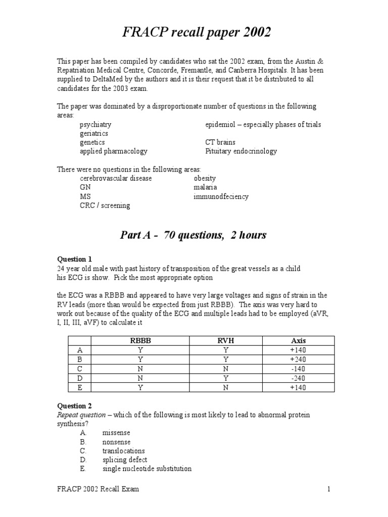 FRACP Recall Paper 2002: Part A - 70 Questions, 2 Hours | PDF | Anemia ...